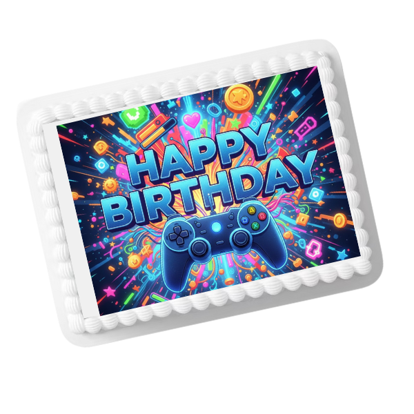 Neon Gaming Controller Happy Birthday Edible Cake Topper – 8x10 Frosti ...