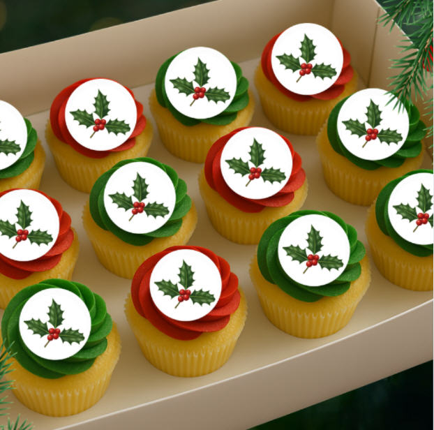 Holly Berry Leaves Edible Cupcake Toppers for Cupcakes and Cookies ...