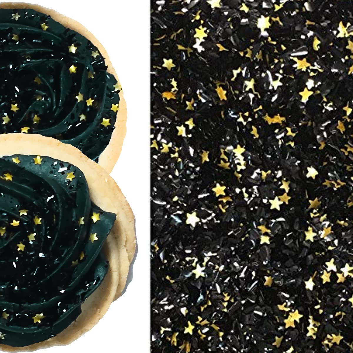 Black Glitter Flakes With Gold Stars Metallic Edible Shimmer Sparkle G ...